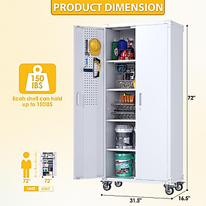 Aobabo 72" H Lockable Storage Cabinet on Wheels with 4 Shelves, Office Furniture Metal Storage Organizer with Wheels for Garage, Assembly Required, White