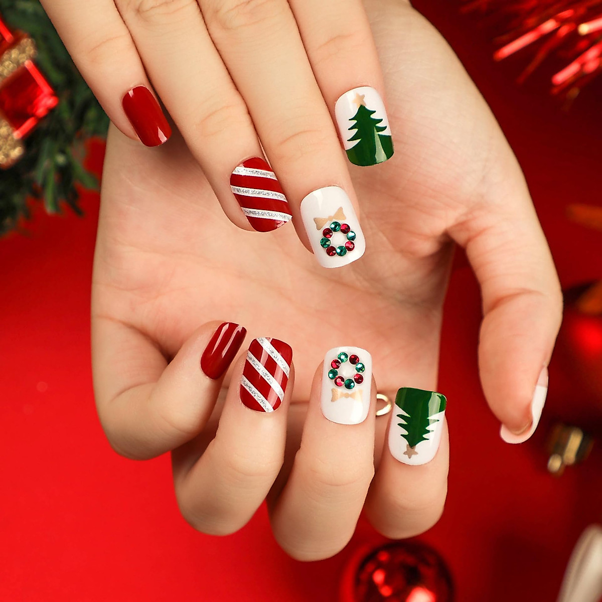 Christmas Press on Nails Short Square Fake Nails with Rhinestone Wreath Designs Acrylic Nails Cute Red White Elk Deer Winter Green Xmas Tree Glue on Nails for Women Girls 24 Pcs