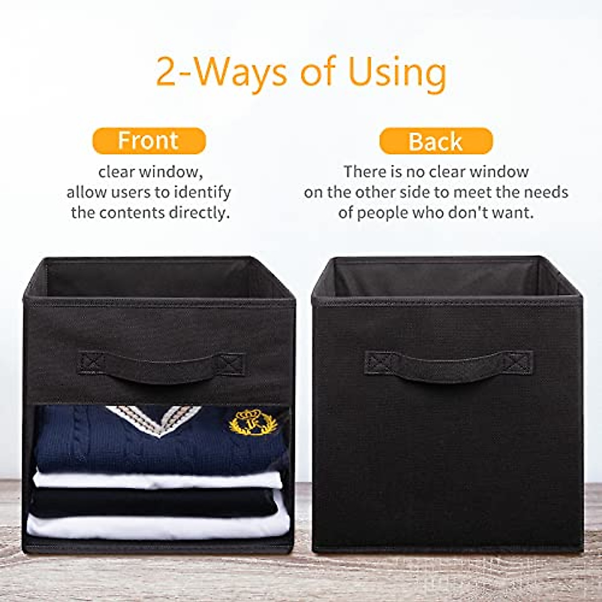 6 Pcs Foldable Fabric Storage Cubes, 11 Inch Cube Storage Bins, Cubby Storage Bins, Shelf Baskets with 2 Durable Handles and Clear Window, for Clothes, Toys, Books, Closet, Shelf, Kids Room, Black