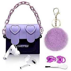 NC Airpod Pro Case Cute for Women, Funny Chain Bag 3D Silicone Case, Protective Accessories CasesKeychainPompomStrap, Compatible with Apple Airpods (2019) for Girl (Purple), 6x4x7cm