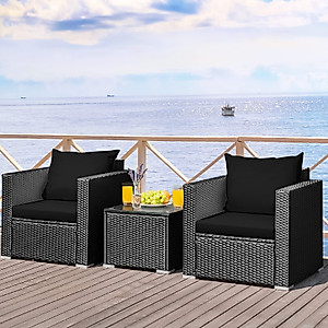 DORTALA 3 Pieces Patio Furniture Set, Outdoor Rattan Sofa Set with Cushions, Tempered Glass Tabletop, Wicker Conversation Furniture Set for Backyard, Garden, Poolside, Balcony, Black
