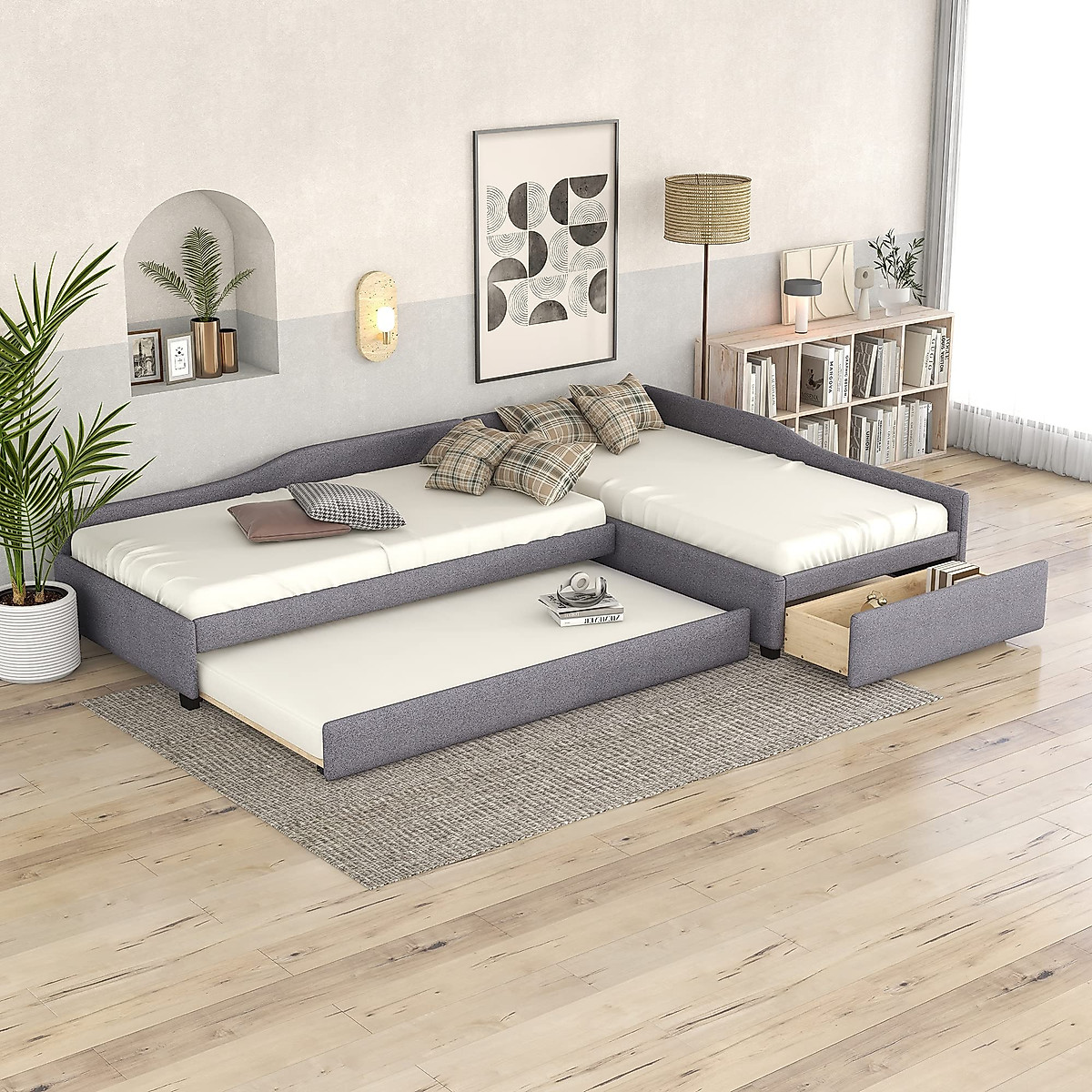 Harper & Bright Designs Upholstered Double Twin Size Daybed with Trundle and Drawer for Kids Boys Girls Student, Gray