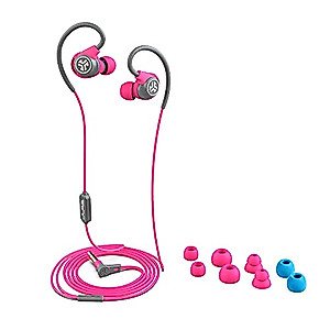 JLab Audio Fit2 Sport Earbuds, Sweatproof, Water Resistant with in-Wire Customizable Earhooks, Guaranteed Fit, Guaranteed for Life - Gray/Pink