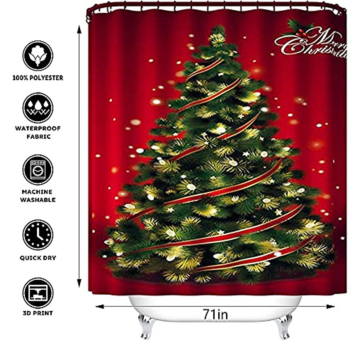 WISREMT Christmas Shower Curtain 4 Piece Sets with Non-Slip Rugs, Toilet Lid Cover and Bath Mat, Santa Elk Xmas Tree Truck Waterproof Shower Curtain with 12 Hooks Bathroom Set Holiday Home Decor