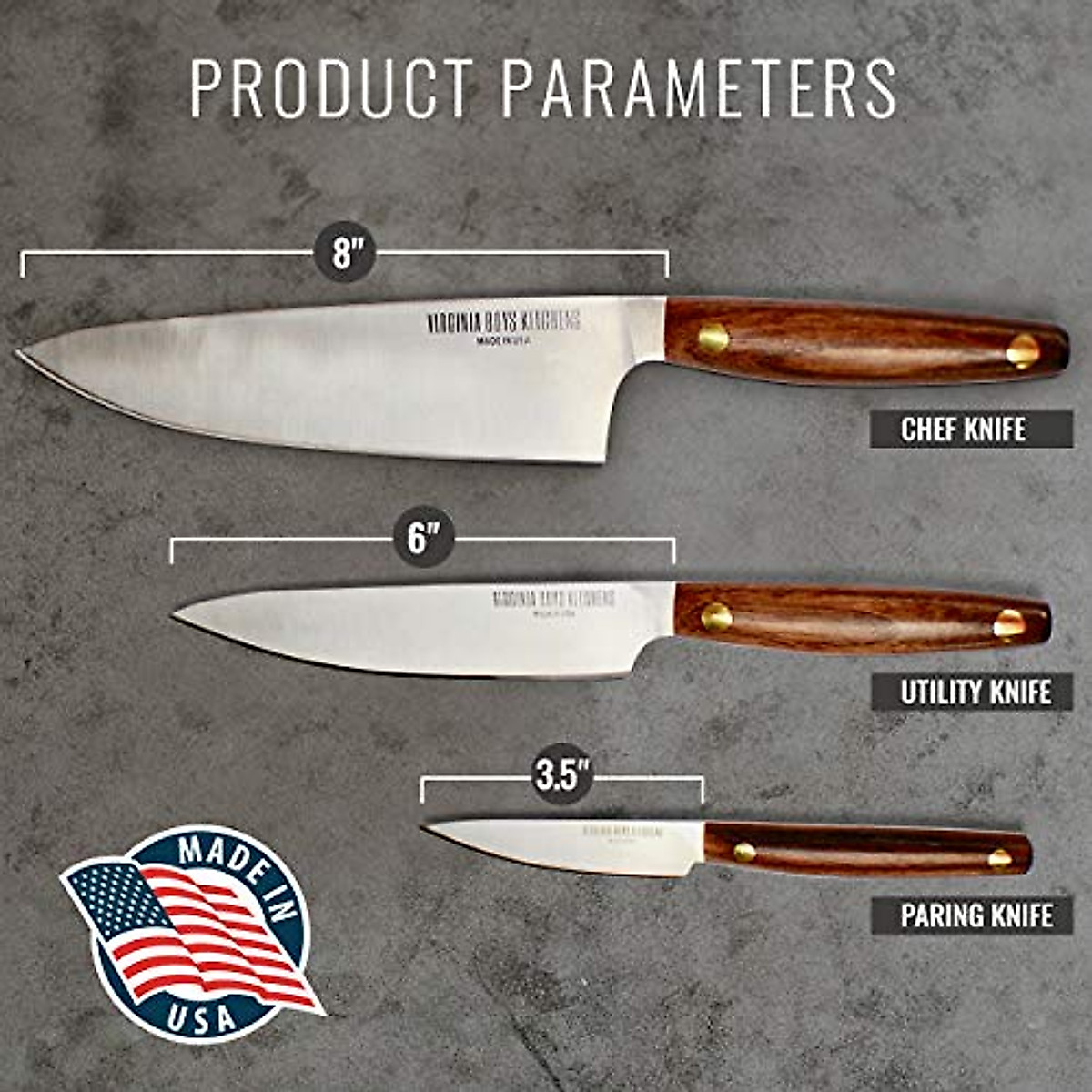 Virginia Boys Kitchens 3 Piece Chef Knife Set - Made in USA 420 High Carbon Stainless Steel - Chef, Utilty, Paring Knives
