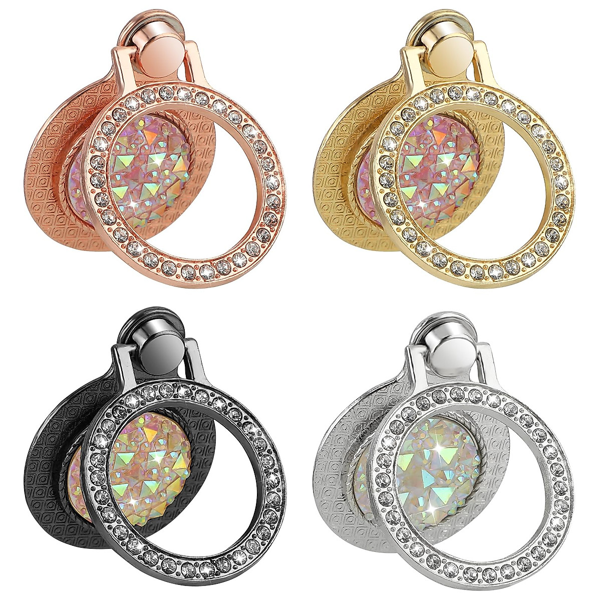 WLLHYF 4 Pack Cell Phone Ring Holder Stand Metal Round Rhinestones Finger Grip Loop 360 Degree Rotation Generic Phone Hand Holder Kickstand Cellphone Case Accessories