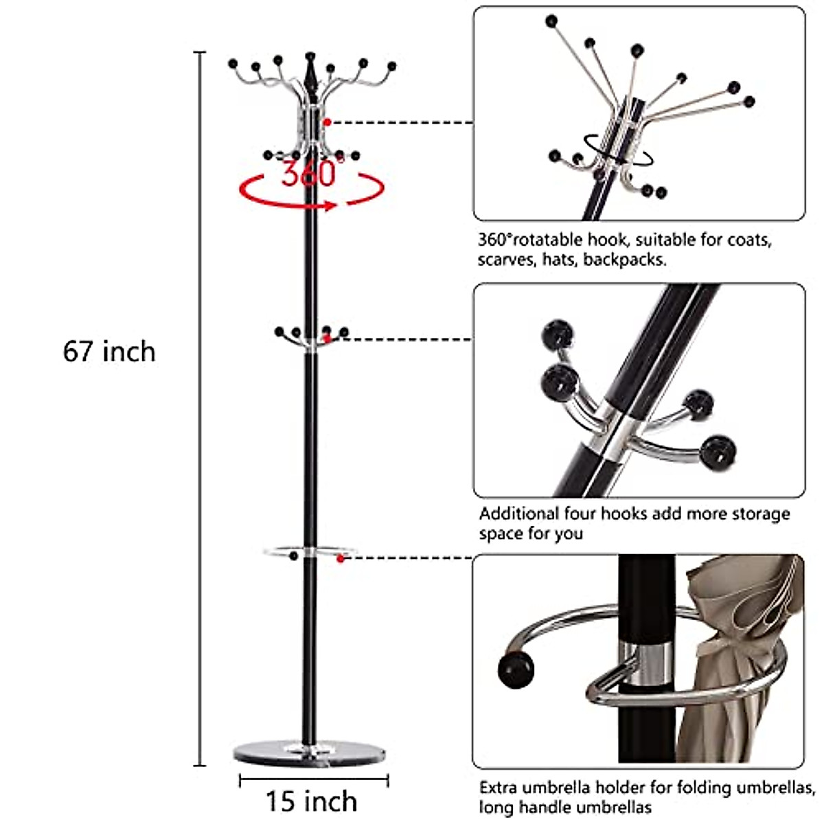 TNUEEIO 67" Metal Coat Rack Stand,Freestanding Swivel Coat Hanger Stand with Heavy Duty Marble Base and 16 Hooks，for Entryway, Home, Office, Coats, Jackets, Hat,Scarf (Black)