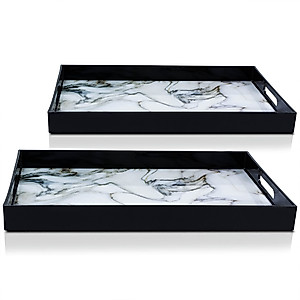 Bowmani Large Ottoman Tray Set - Faux Marble Coffee Table Tray with Black Accents, 18 x 12 Inches