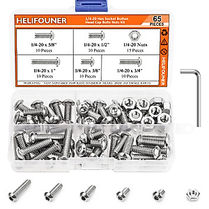 HELIFOUNER 65 Pieces 5 Sizes 304 Stainless Steel 1/4-20 x 3/8" 1/2" 5/8" 3/4" 1" UNC Thread Button Head Socket Cap Screws Bolts Kit