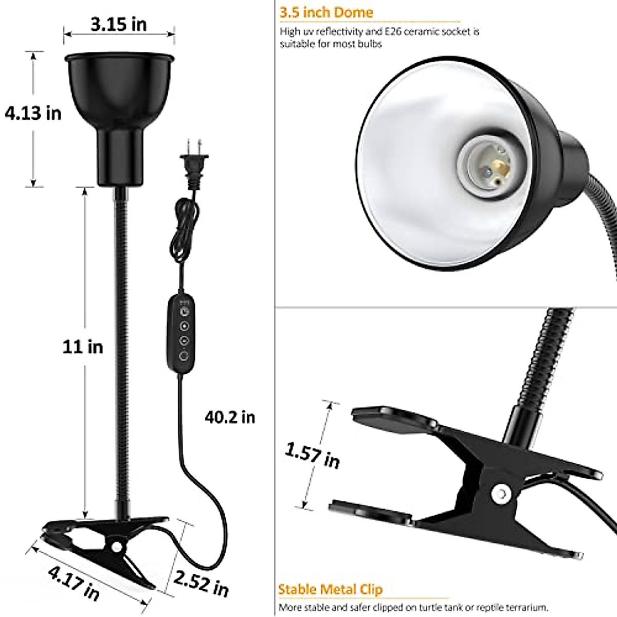 Makmzoon Reptile Heat Lamp, UVA UVB Turtle Light Bulb*2 Reptile Light Fixture with 360° Rotatable Hose and Timed Suitable for Turtle Reptile Plant (2 Pack 50w Bulb)