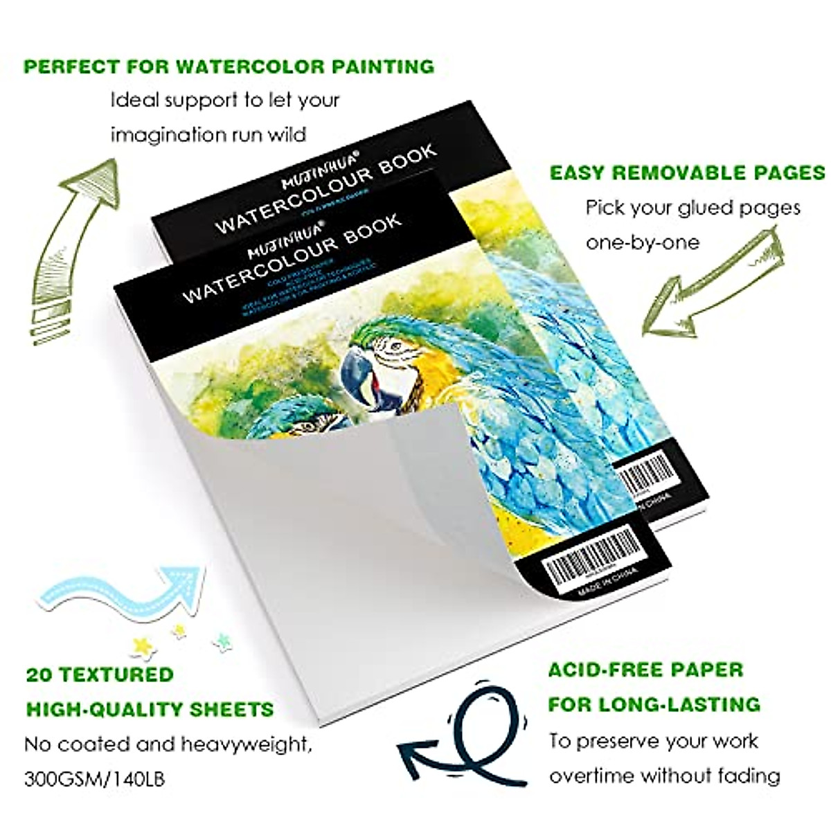 MUJINHUA Watercolor Paper, White, 140 lb, 6.1X8.7", 20 Sheets, Cold-Pressed, Acid-Free, Ideal for Watercolor Painting and Wet Media, Textured Paper Great and Sketchbook, Ideal for Kid, Beginners