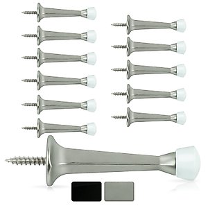 Jack N’ Drill 3-Inch Rigid Door Stop (12 Pack) - Heavy Duty Solid Metal Door Stopper | Prevents Wall & Door Damage - Rigid Rubber Tip Door Stop for Kitchen, Bedroom, Office (Satin Nickel)