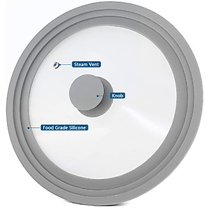 TOPULORS Universal Lid for Pots, Pans and Skillets, Tempered Glass with Silicone Rim Fits All 9 to 11 Inch Diameter Cookware, Frying Pan Cover, Replacement Lid, Dishwasher Safe, Grey