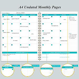 Undated Planner Pro - 8.5" x 11" Weekly & Monthly Planner to Achieve Goals & Increase Productivity, 12 Months Undated Agenda Daily Planner, Start Anytime, Rose Leaf