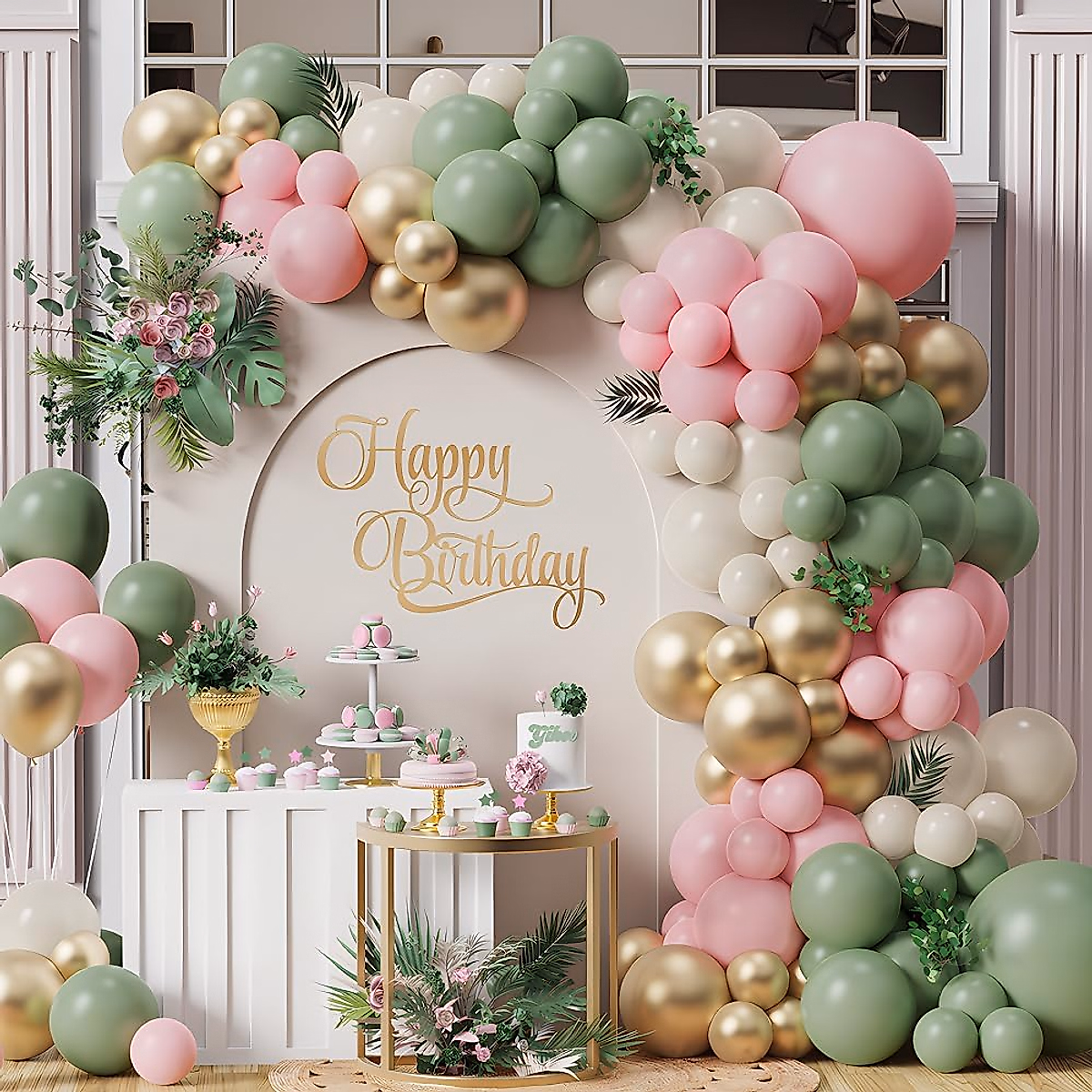 Sage Green Pink Balloon Arch Garland Kit,137pcs Blush Pastel Pink and Sage Green White Sand Gold Balloons for Boho Girls Woodland Baby Shower Wedding Jungle Safari Birthday Party Decorations