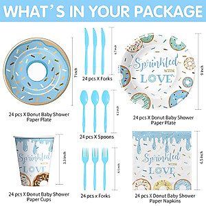 Suhelkit Donut Baby Sprinkle Decorations Tableware For Boy - Sprinkled with Love Baby Shower Decorations Party Supplies, Plate, Napkin, Cup, Cutlery, Blue Donut Baby Shower Decorations | 24 Guests