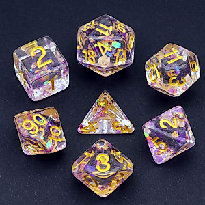 Haxtec DND Dice Set Purple 7PCS Polyhedral D&D Dice RPG Dungeons and Dragons-Purple Green Shift Glitter Flakes-Fantasy Dream