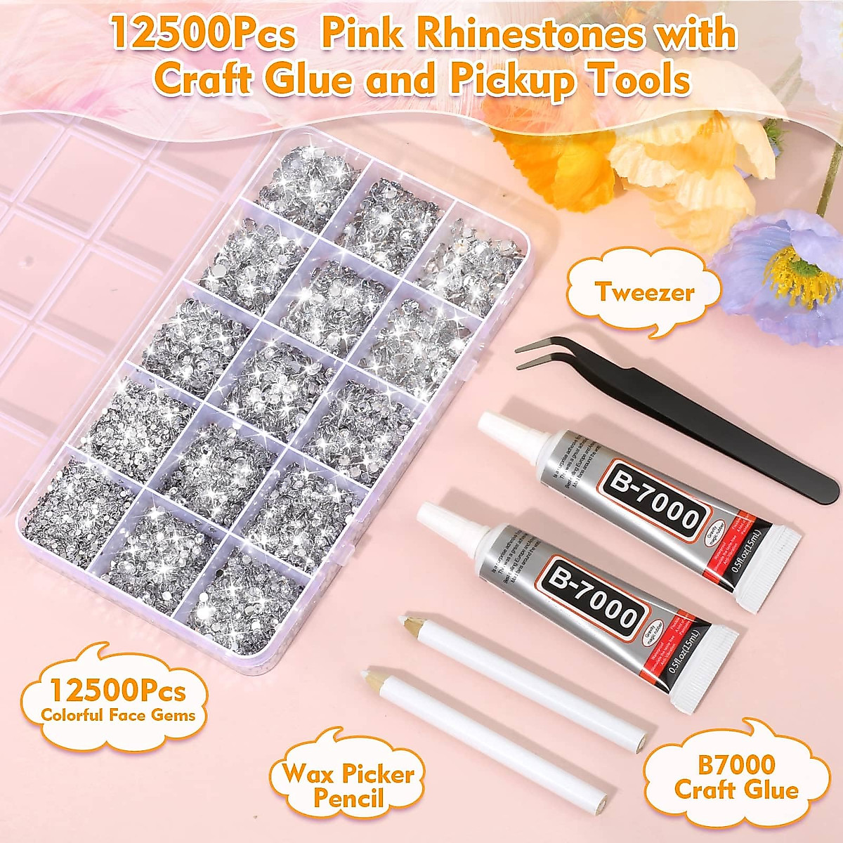 B-7000 Glue with 14000Pcs Craft Rhinestones for Clothes, Resin Silver Rhinestones Flatback Gems NonHotfix Rhinestone Bling Kit with Fabric Super Glue for Graduation Cap, Shoes, Tumblers, Makeup