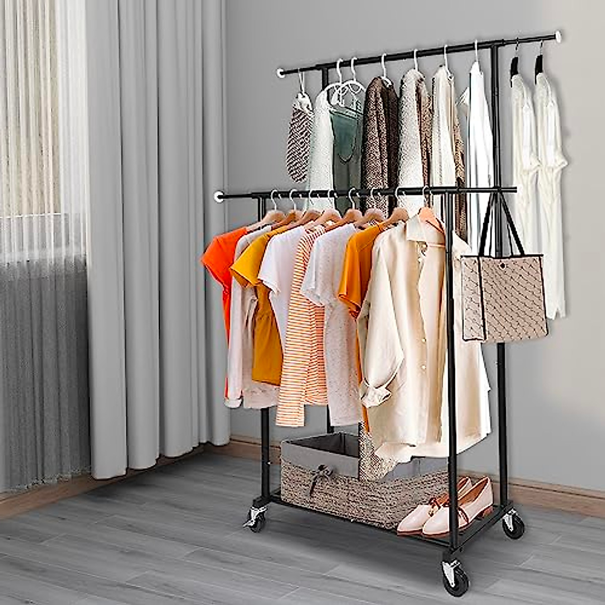 Fishat Simple Standard Freestanding Double Rod Clothing Metal Garment Rack for Hanging Clothes, Rolling Clothes Organizer on Lockable Wheels Mobile, with 2 Hooks (Black)