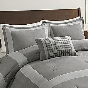 Madison Park Darcey Cozy Comforter Set, Faux Suede, Deluxe Hotel Styling All Season Down Alternative Bedding Matching Shams, Decorative Pillow, Full/Queen(90 in x 90 in), Border Grey 4 Piece