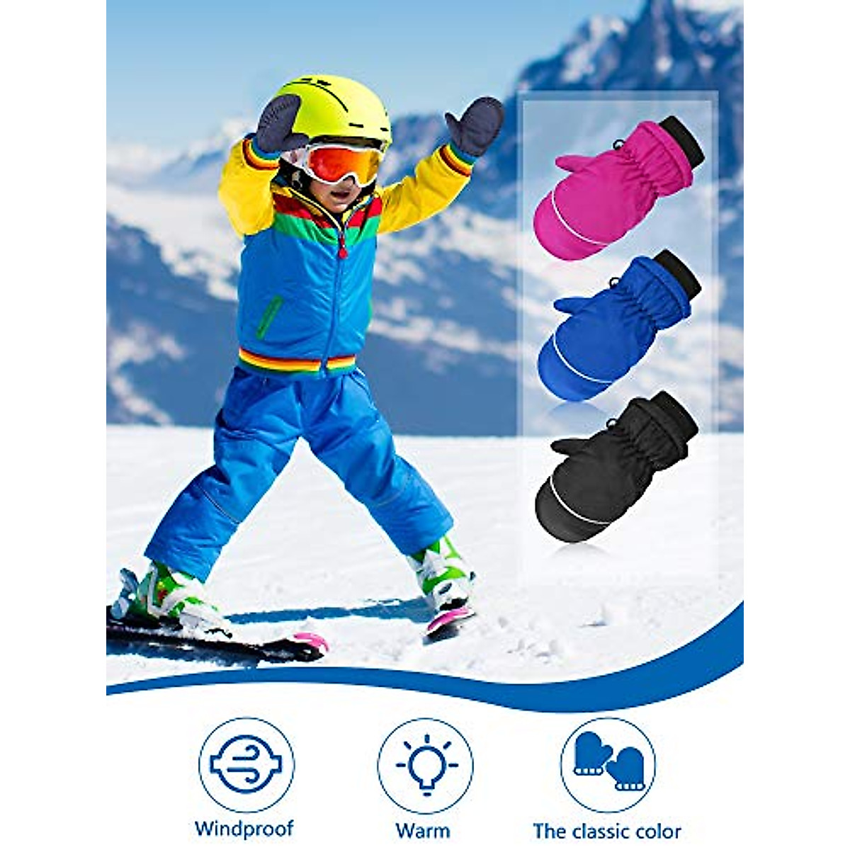 Hicarer 4 Pairs Kids Ski Gloves Waterproof Snow Gloves Winter Warm Mittens for Outdoor Activities (Black, Navy Blue, Blue, Rose Red, 5-8 Years)