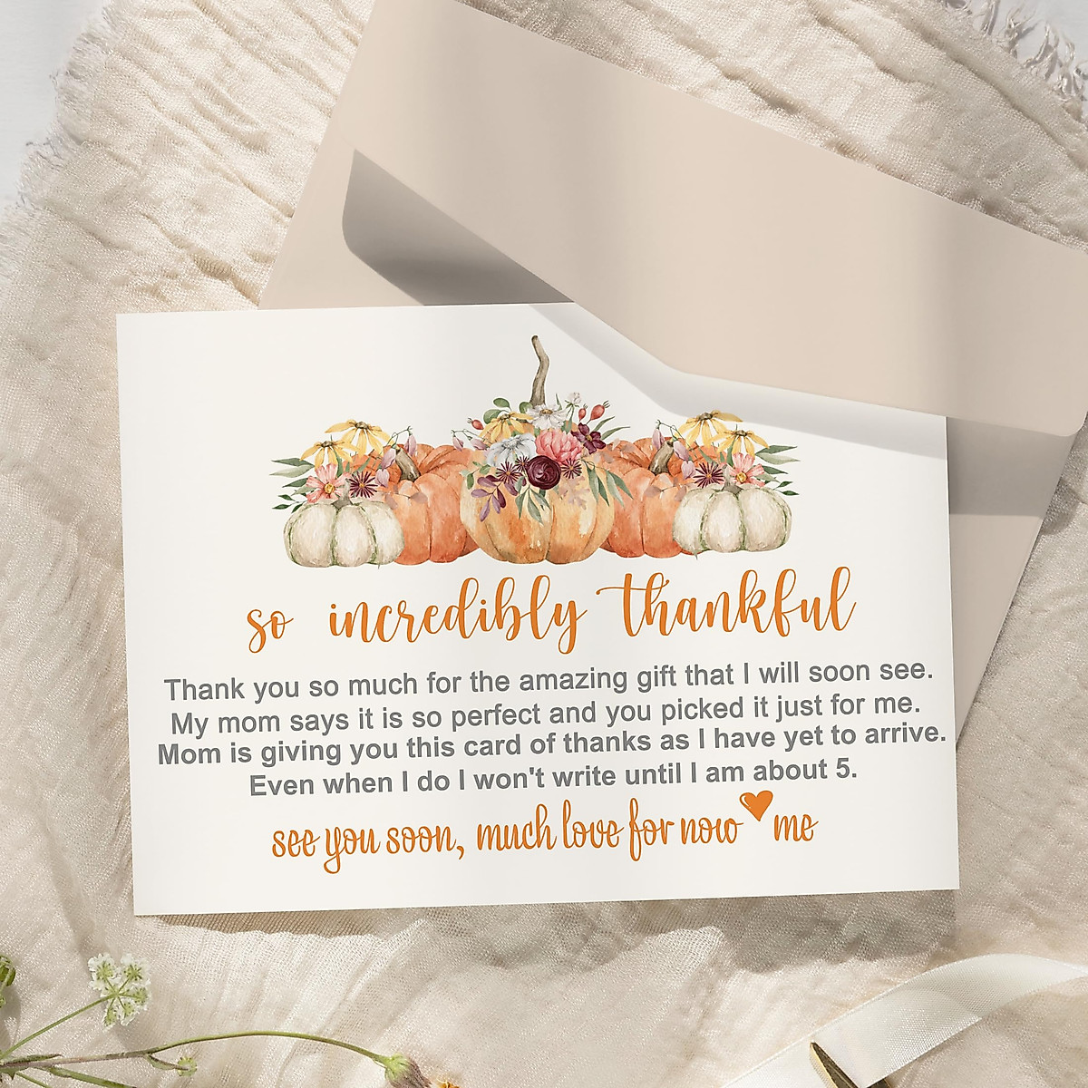 Paper Clever Party Rustic Pumpkin Baby Shower Thank You Cards with Envelopes Girls or Boys Prewritten Note with Personalized Message, 4x6, 25 Pack