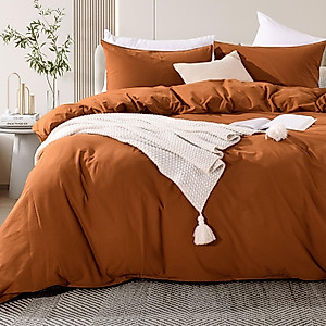 NEXHOME PRO Terracotta Burnt Orange Duvet Cover Set Queen Size Linen Textured Organic Natural 100% Washed Cotton Duvet Cover Caramel 3 Pieces Bedding Set with Zipper Closure Soft (No Comforter)