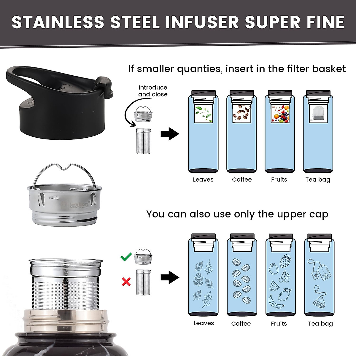 Lexlion Tea Infuser Bottle - Fruit Infuser Water Bottle 32 Oz, Triple Walled Insulated Stainless Steel Bottle, Thermal Leaf Infuser, Silicone Sleeve, 3 Lids Leakproof, Metal Mug Gallon