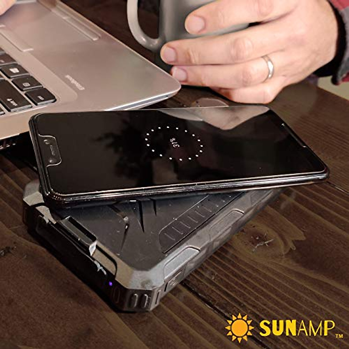 SunAmp Wireless Solar Power Bank | Solar Charger with USB Type C Quick Charge | Bright LED Flashlight | 20,000mAh | IP54 Rainproof Shockproof Dustproof for Travel and Outdoors | 4 Ports (Black) from