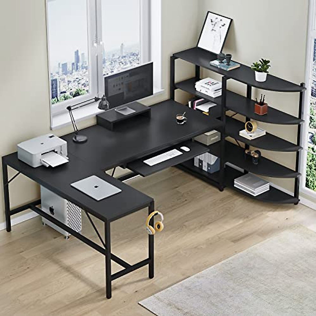 SEDETA  L Shaped Computer Desk, 63'' Corner Gaming Desk, Computer Desk with Storage Shelves, Keyboard Tray, Monitor Stand and Headphone Hook, Corner Gaming Desk with LED Lights, Black