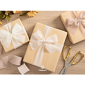 Vitalizart 3 Rolls Handmade Fringe Chiffon Silk Ribbon Gauze 1.5" x 7Yd Nude & White Ribbons Set for Wedding Invitations Bridal Bouquets Gift Wrapping Holiday Decor