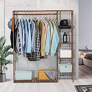 MoNiBloom Bamboo Clothes Rack, 6 Tier Garment Clothing Storage Shelving with Pants Scarves Racks and a Hanging Rob for Bedroom Living Room, Brown