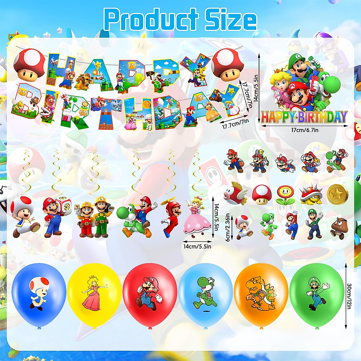 49 PCS Marrio Birthday Party Decorations, Marrio Birthday Decorations for Boys Girls, Cute Marrio Party Supplies for Kids with Birthday Banner, Balloons, Cake Toppers, Hanging swirls