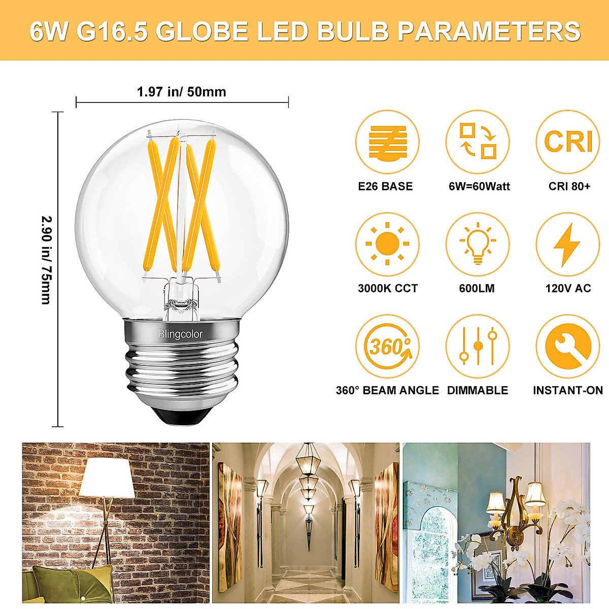 BLINGCOLOR 6 Pack Dimmable G16.5 LED Light Bulbs 60 Watt, E26 LED Bulbs 60 Watt Soft White 3000K, 6W E26 Globe LED Edison Small Light Bulb for Sputnik Chandelier, Vanity Lights, CRI80+, AC120V, 600lm