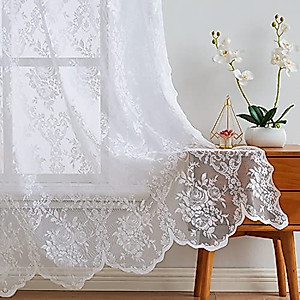 Warm Home Designs Pair of 2 White Color Extra Short Length 54” (W) x 108” (L) Semi Sheer Lace Curtain Panels & Attached Valances with 6 Tassels. Classic Elegant English Rose Pattern. L White 108”