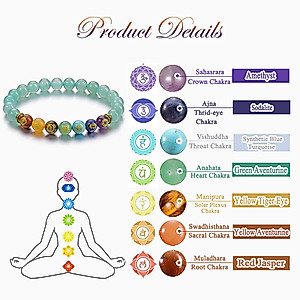 VadiForest Natural 8mm 7 Chakra Stone Crystal Bracelet Reiki Green Aventurine Crystal Gemstone Beads Men Women Stretch Bracelet for Meditation