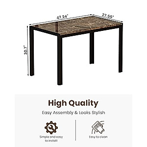 Recaceik Modern Dining Table for Kitchen, Faux Marble Kitchen Tables with Metal Legs for 4 People, Industrial Dining Room Table for Living Room and Office, Easy Assembly, Brown