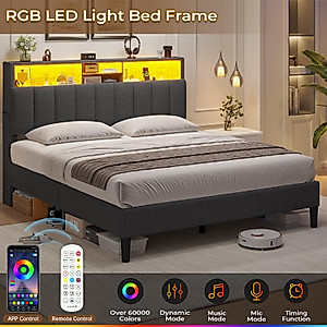 Tiptiper Full Size Bed Frame with LED Lights Headboard, Button Tufted Bed Frame Full with Outlets & USB Ports, Upholstered Bed with Storage, Dark Grey