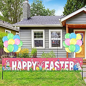 36 Pcs Happy Easter Banner and Balloons Decorations Set Large Fabric Happy Easter Yard Sign Banner Outdoor Spring Easter Themed Party Banner 35 Pcs Latex Balloons for Home Party Decoration 18 x 118 ft