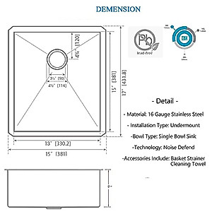 Hotis Undermount Bar Sink, 15 X 17 Inch Brush Nickel Small Rv Kitchen Sink, Stainless Steel Handmade Single Bowl Outdoor Wet Bar Prep Sink With Strainer