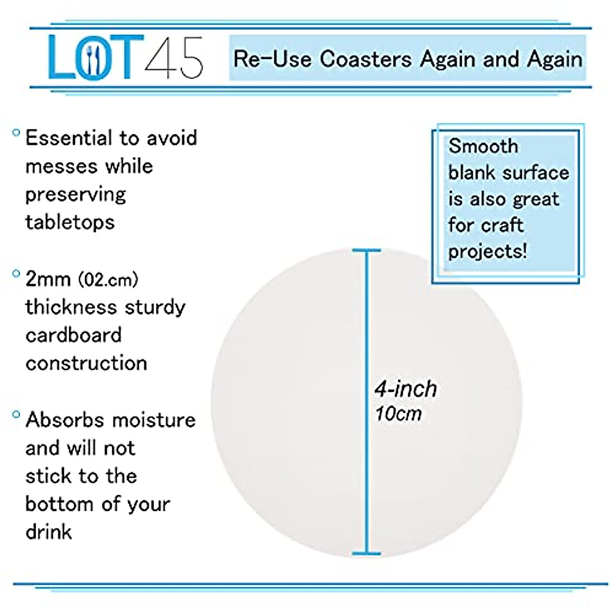Lot45 Cardboard Coasters 4 Inch Pack - 100 Piece Bulk Cardboard Coasters Durable Round Blank White Cardboard Coasters
