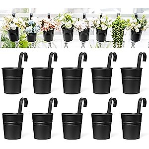 Dahey 10 Pcs Hanging Flower Pots Metal Iron Bucket Planter for Railing Fence Balcony Garden Home Decoration Flower Holders with Detachable Hooks, Black, 4 Inches