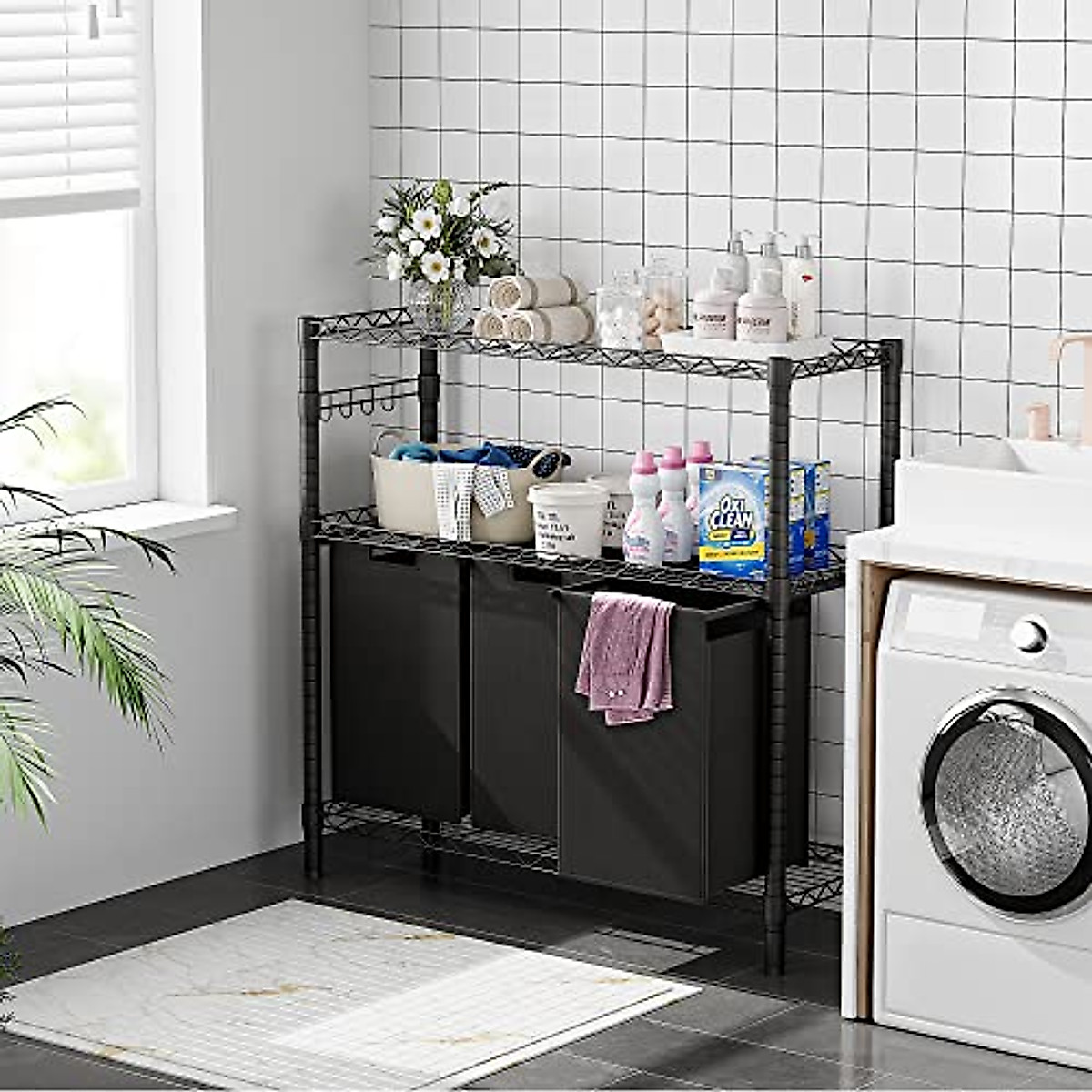 Laundry Sorters with 3 X 45L Pull-Out & Removable Laundry Bags, 2 Tier Adjustable Metal Storage Shelf, Oxford Fabric Laundry Baskets, Black
