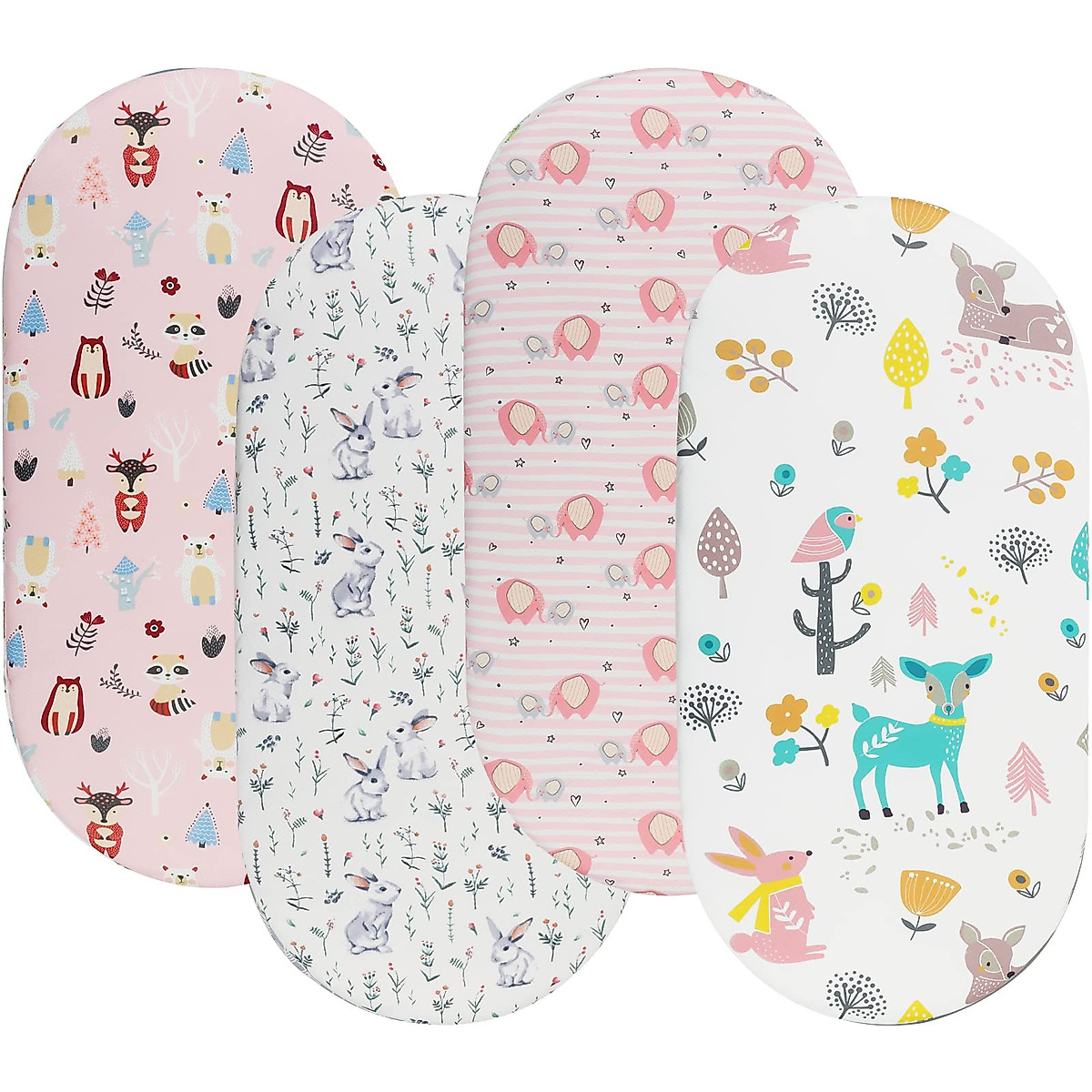 Bassinet Sheets for Baby Boy and Girl, Stretchy Breathable Fitted Sheet Universal for Bassinet Cradle Hourglass Oval Rectangle Pad/Mattress, 4 Pack Deer, Elephant, Rabbit and Squirrel Printing