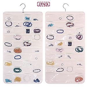 2 Pack Hanging Jewelry Organizer with 80 Pockets Jewelry Storage for Earrings Necklace Bracelet Ring Accessory, Beige