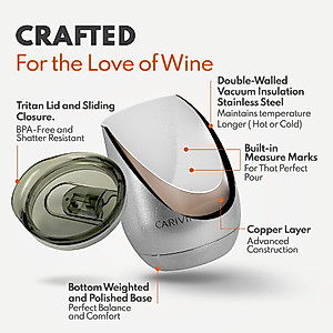 CARIVINO Luxury Wine Tumbler with Ceramic Interior, Genuine Cork Base & Tritan Lid, Advanced Vacuum Insulated Stainless Steel with Copper Coating and Premium Metallic/Pearl Finish, 12oz, Platinum