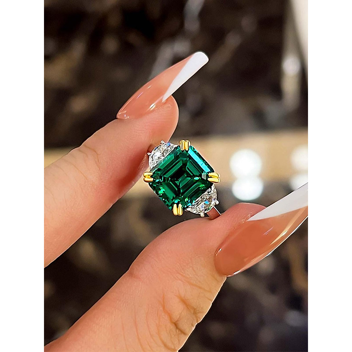Effinny 4.5ct Women's Two-Tone Emerald Engagement Ring,Asscher Cut Green Paraiba Tourmaline Three Stone Promise Ring in 925 Sterling Silver(Size:6)
