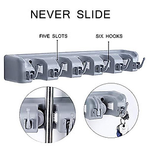 Mop Broom Holder, Garden Tools Wall Mounted Commercial Organizer Saving Space Storage Rack for Kitchen Garden and Garage,Laundry Offices(5 Position with 6 Hooks)