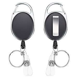 2 Pack Badge Holders and Heavy Duty Retractable Reel Clips Set, Vertical Leather ID Badge Holders with 1 Clear ID Window & 2 Credit Card Slots (Black-2pcs)')