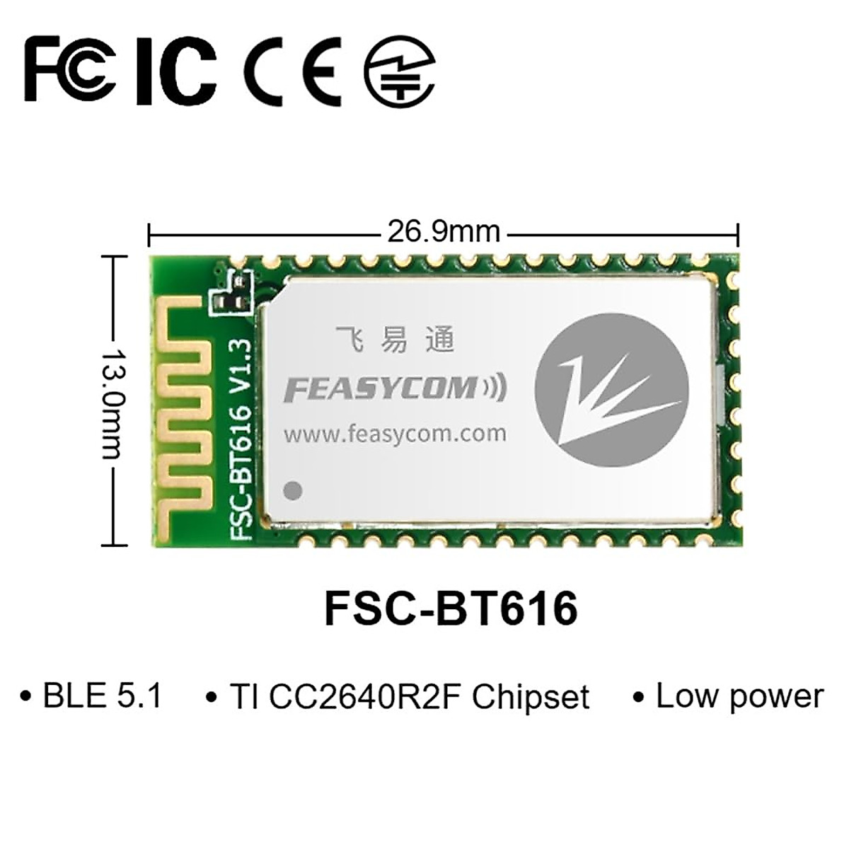 Feasycom FSC-BT616 TI CC2640R2F Bluetooth Low Energy CC2640R2F BLE 5.1 Module for Medical Device & IoT